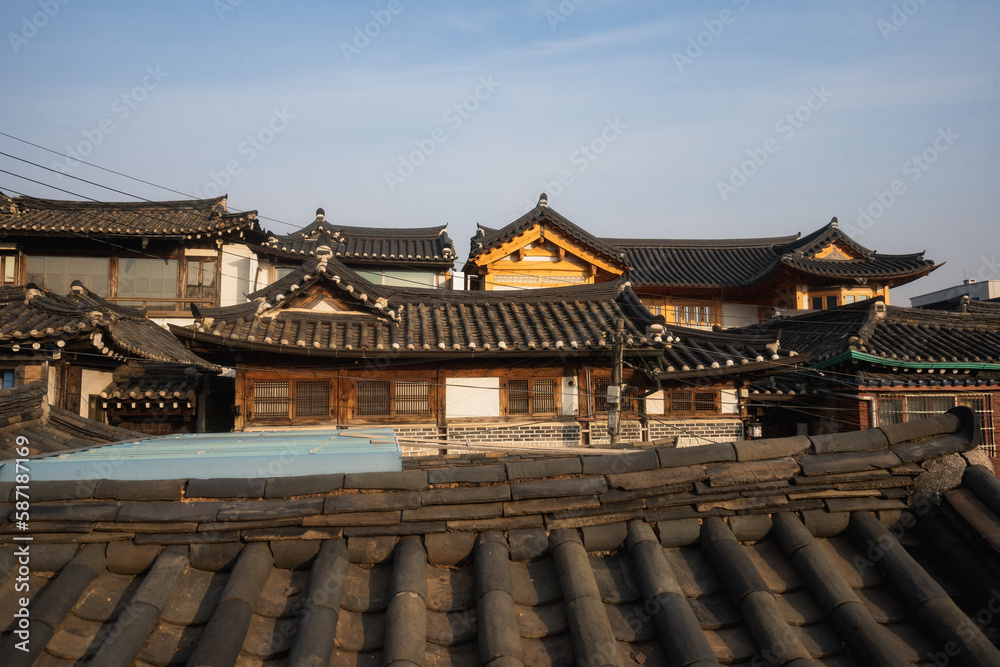 Bukchon Hanok Village and traditional roofs in Seoul during winter ...