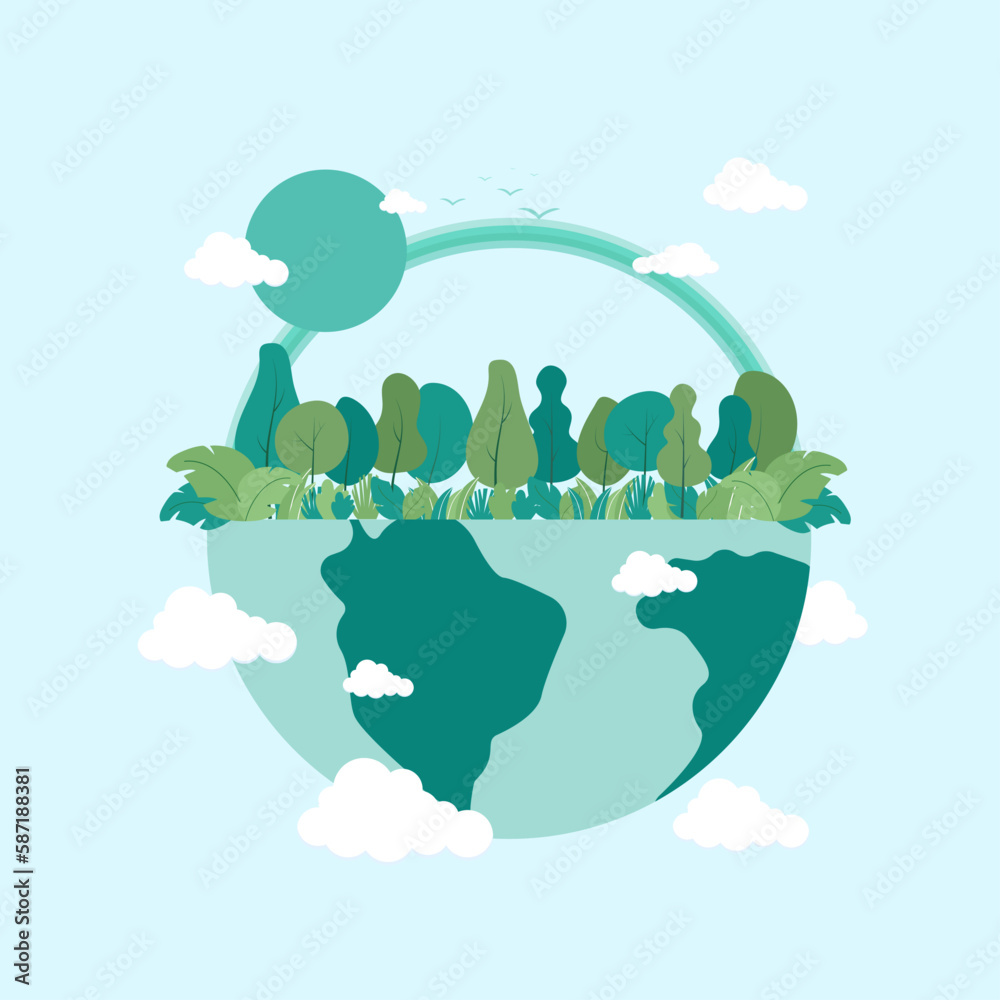 Vecteur Stock Earth Day. Half globe with trees and rainbow. Vector ...