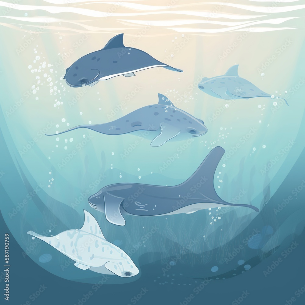 Manta rays swimming in the water. Dugong or sea cow manatee, Generative ...