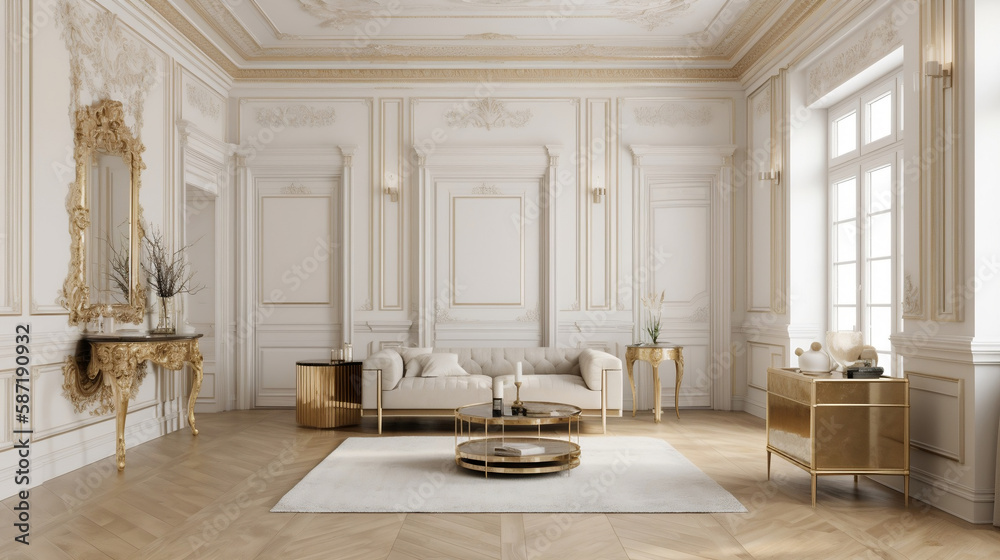 Interior design ideas for a white room with gold mold. Stock ...