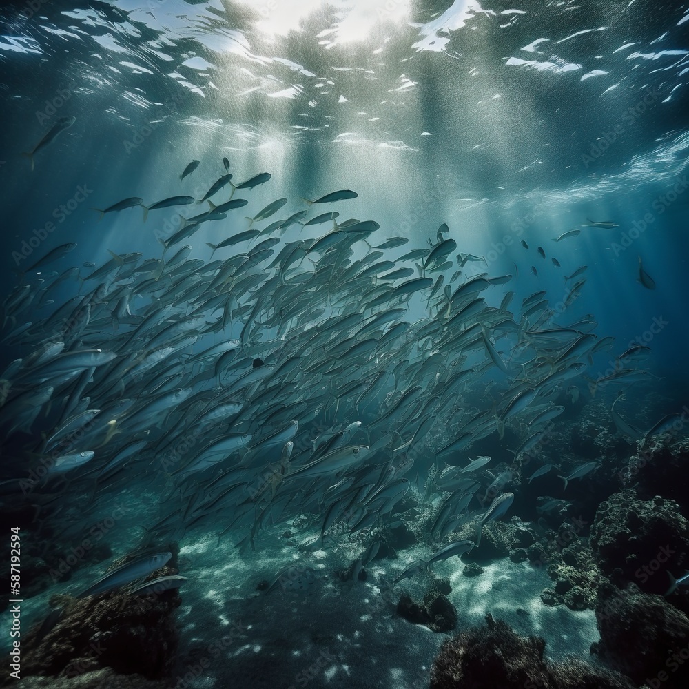 School of fish swimming in the ocean's depths. Underwater, a school of ...