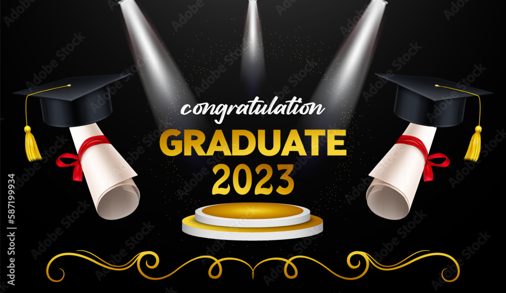 Graduation banner with editable text over red ribbon and graduation cap ...
