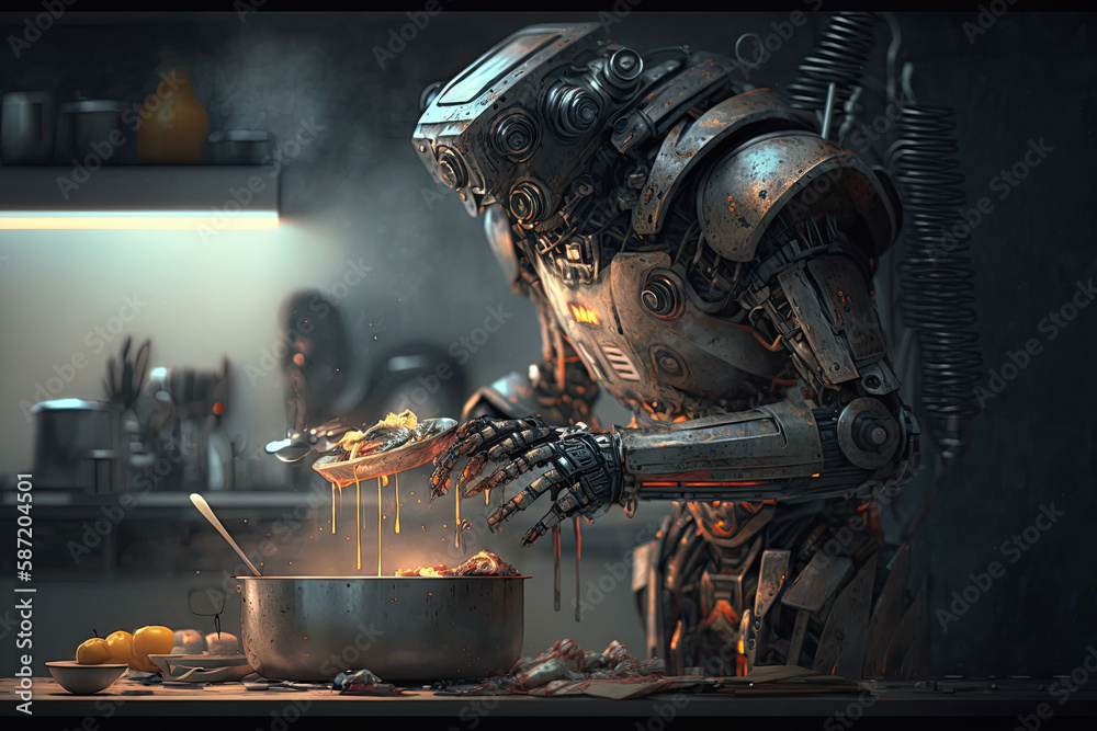 Retro robot, cyborg, android, chef, food prep, cook, cooking delicious ...