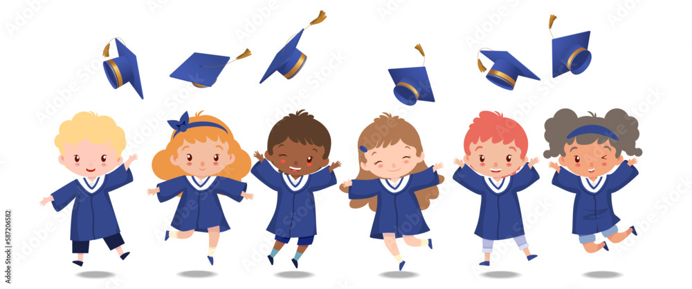 Group of kids in graduation suits jumping and throwing graduation caps ...
