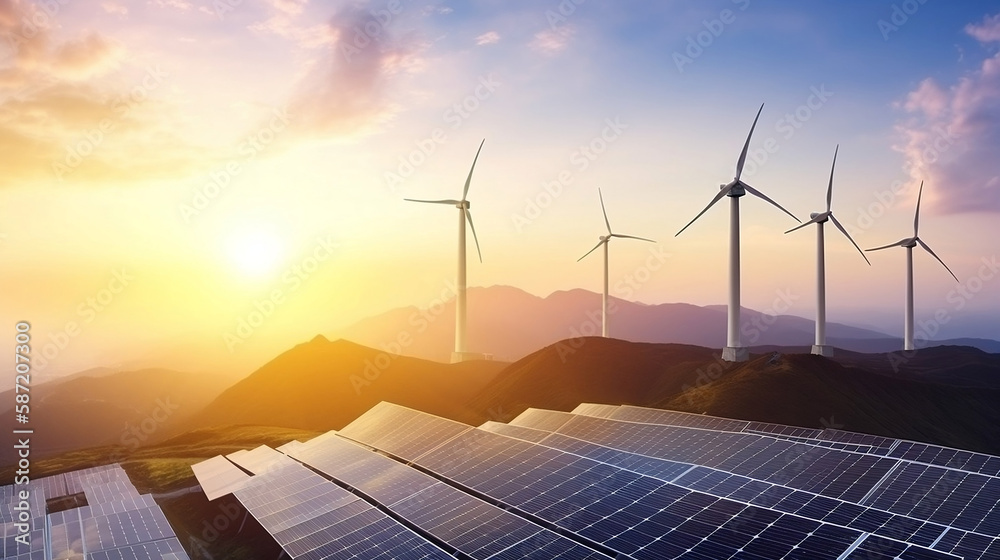 Renewable energy background with green energy. Solar panels and wind ...