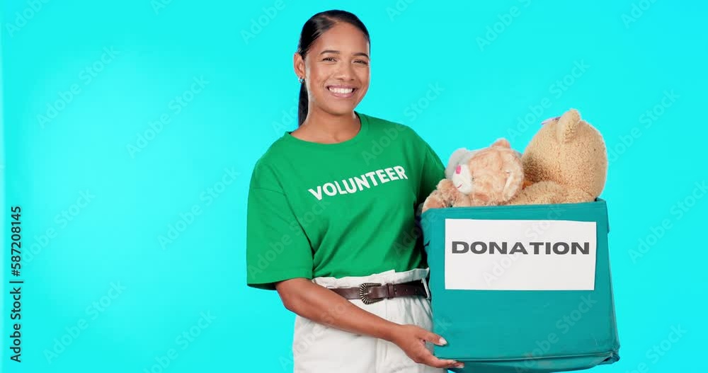 Vidéo Stock Donation box, face and happy woman isolated on blue ...