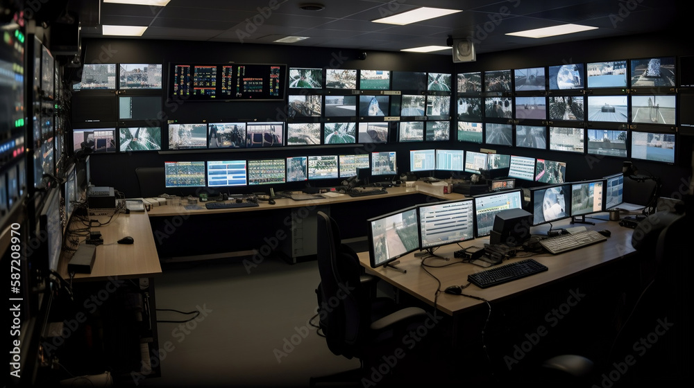 Regulation of Safety inside a CCTV room shows many monitors ...