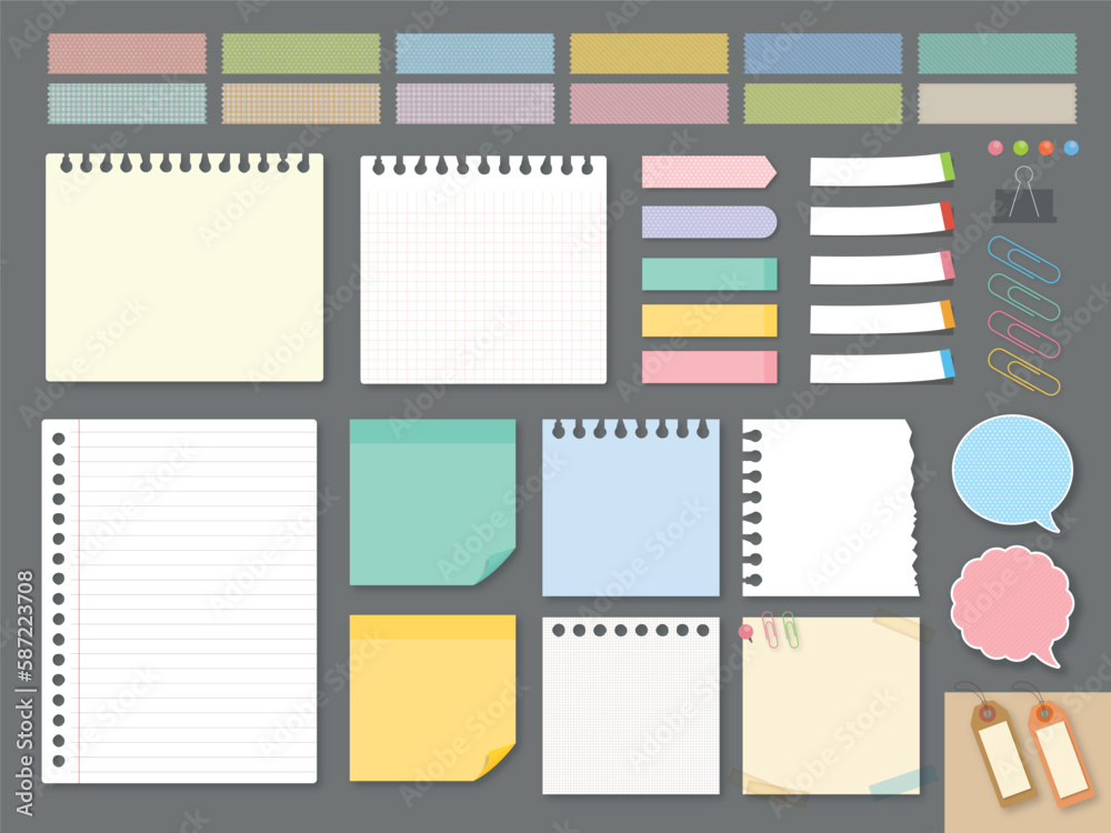 Collection of different colored sheets of note papers with curled ...