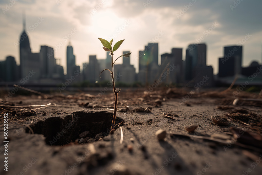 young evolving plant seedling growing out of craced concrete with city ...