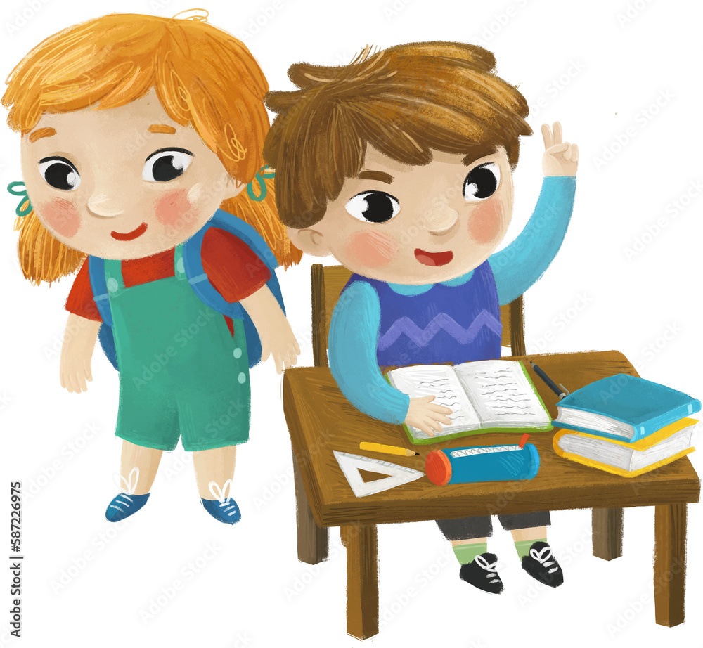 cartoon child kid girl and boy pupil sitting in school desk learning ...