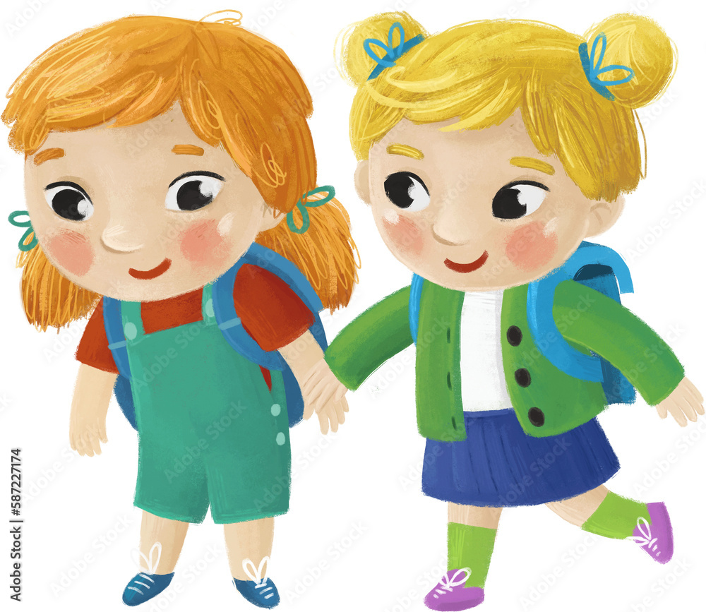 cartoon child kids girl girlfriends friendship pupils going to school ...