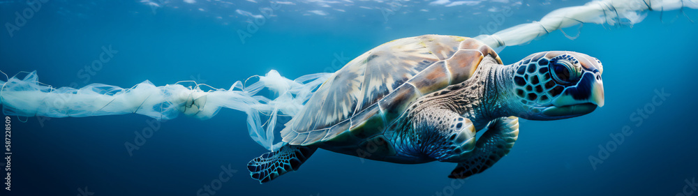 Turtle entangled in plastic in the ocean. Environmental problem of ...