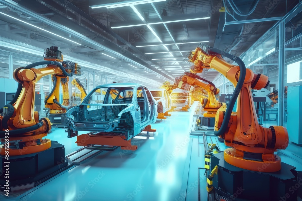Car factory digitalization Industry 4.0 Concept-automated robot arm assembly line manufacturing ...