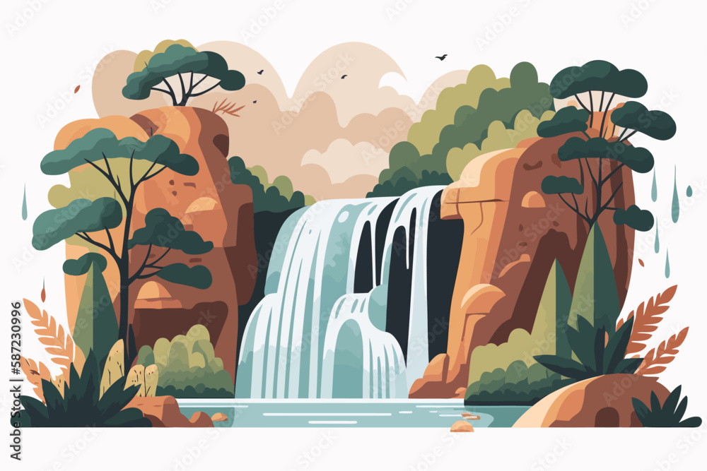 Waterfall flat vector illustration. Cartoon landscape with waterfall ...