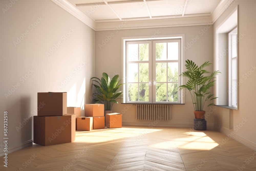 Empty room full with boxes and plants.Moving in the new home concept ...
