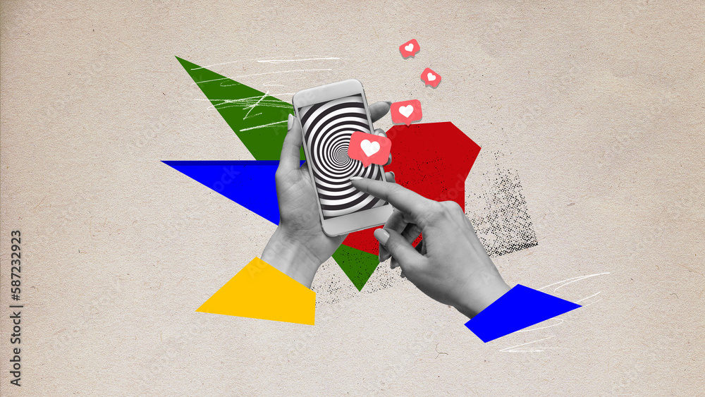 Foto de Human hands holding mobile phone with hypnotic screen. Many ...