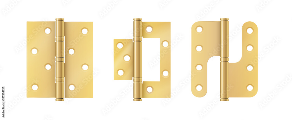 Golden door hinges construction hardware. Realistic set of gold tools ...