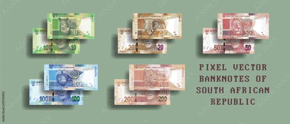 Vector set of pixelated mosaic South African banknotes. Bills in ...