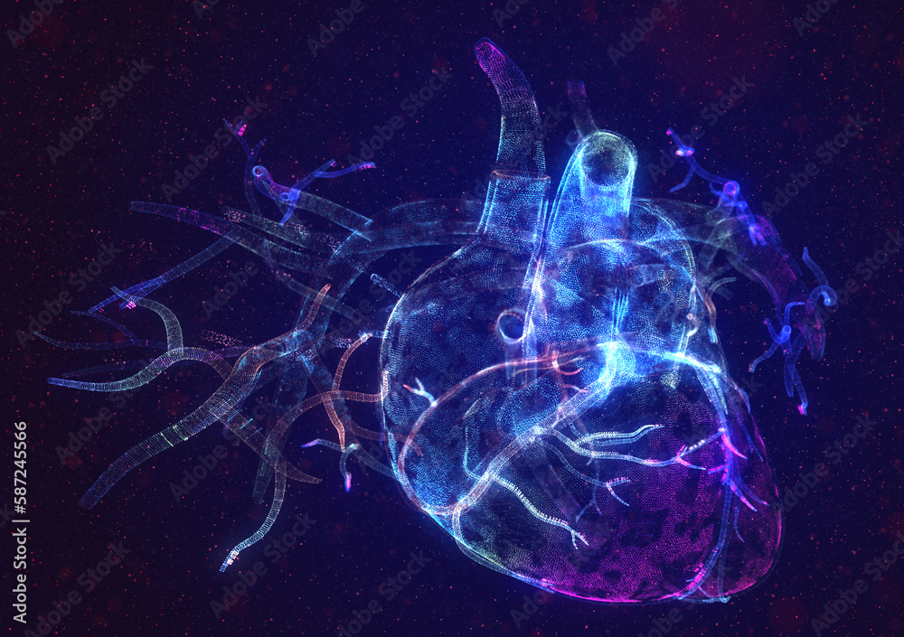 Glowing human heart made of neon particles. Bright magic heart health ...