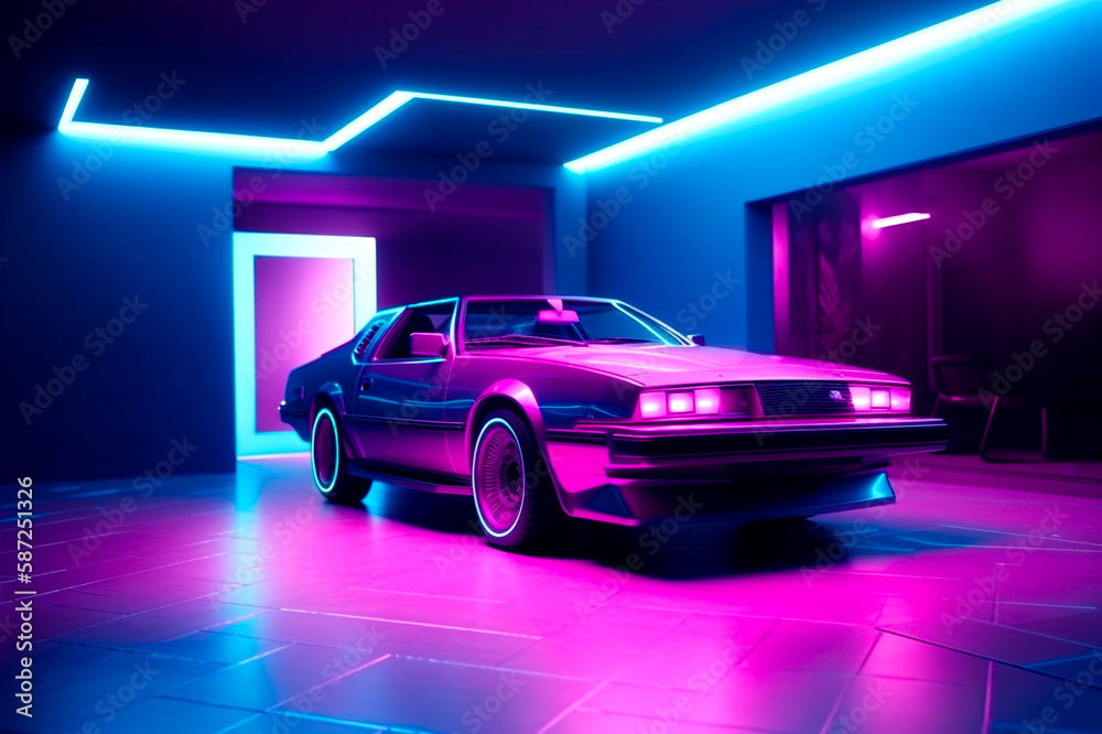 Futuristic neon 3d render car background. Blue and ultraviolet dream ...