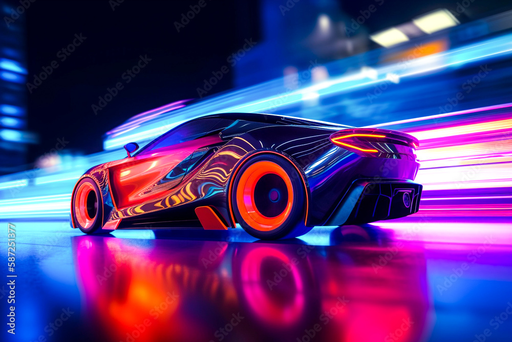 Futuristic sports neon 3d render car background. Blue and ultraviolet ...