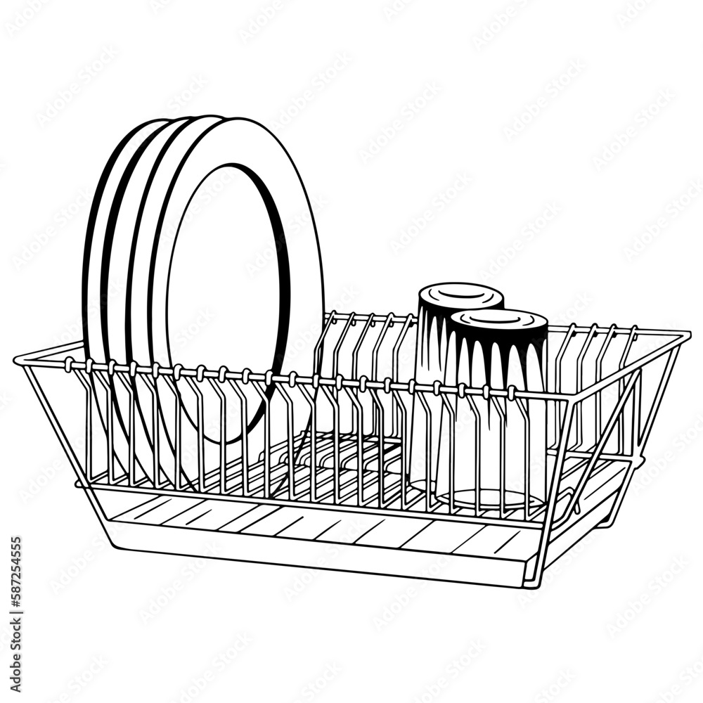 dish rack outline, Hand drawn outline illustration, kitchen appliances ...