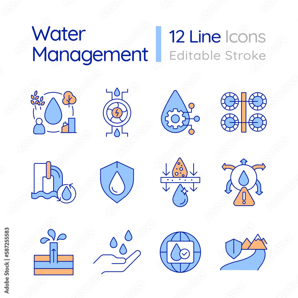 Water supply management RGB color icons set. Control and protect aqua ...