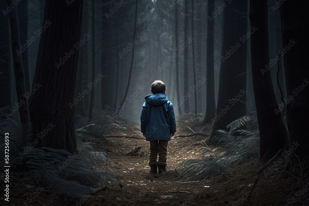 little boy walking In the dark mystery forest, back view. seemingly lost and alone in the ...