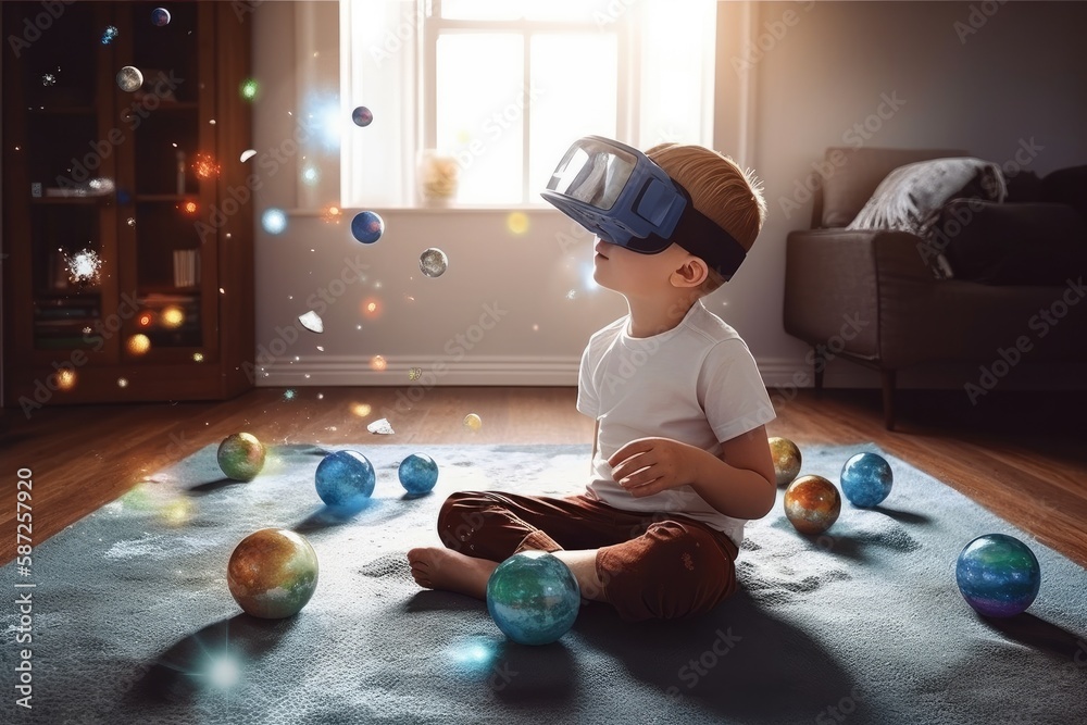 Smart little boy wearing virtual reality headset and looking at our ...
