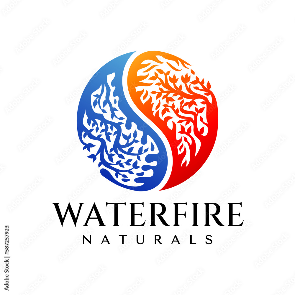 Illustrative nature water fire logo design. Luxury plant leaf droplet ...