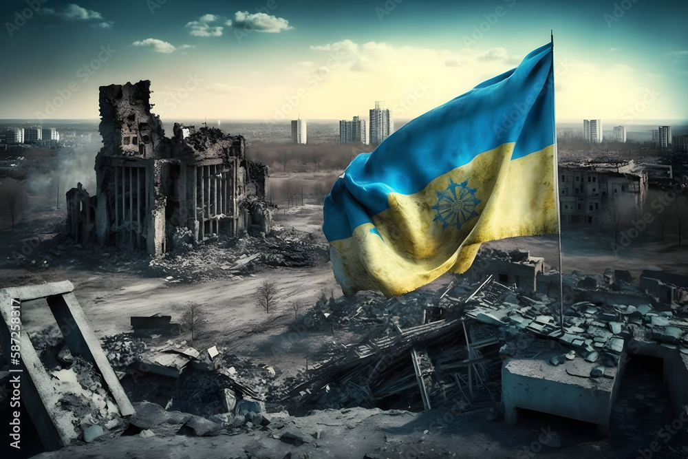 Flag of Ukraine and destroyed building. War concept. Neural network AI ...