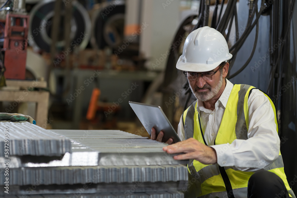 Foto Stock Senior male factory worker inspecting quality galvanized or ...