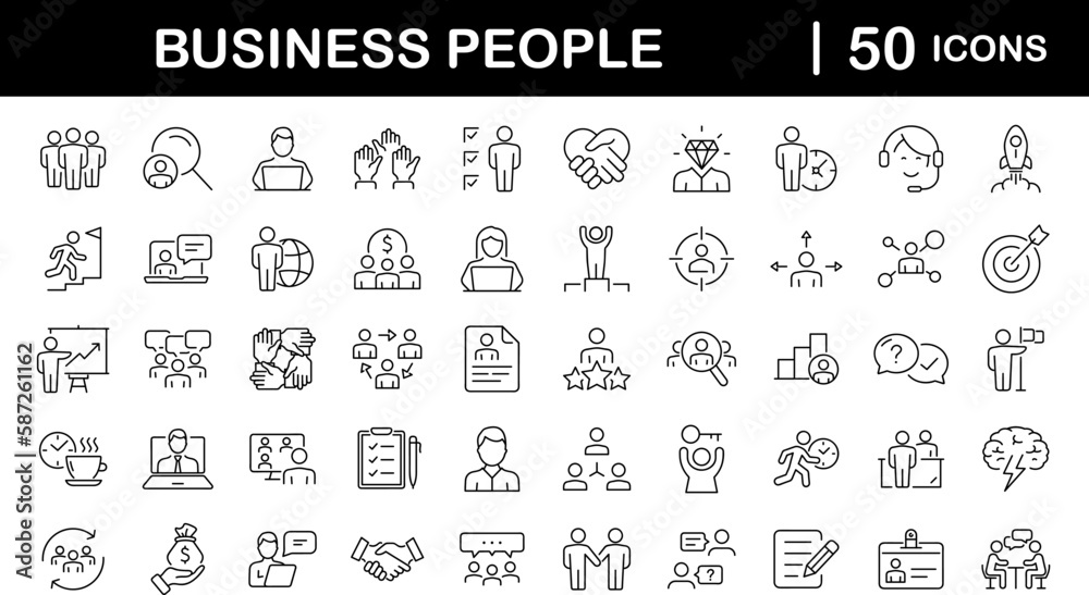 Vetor de Business People set of web icons in line style. Teamwork in business management icons ...