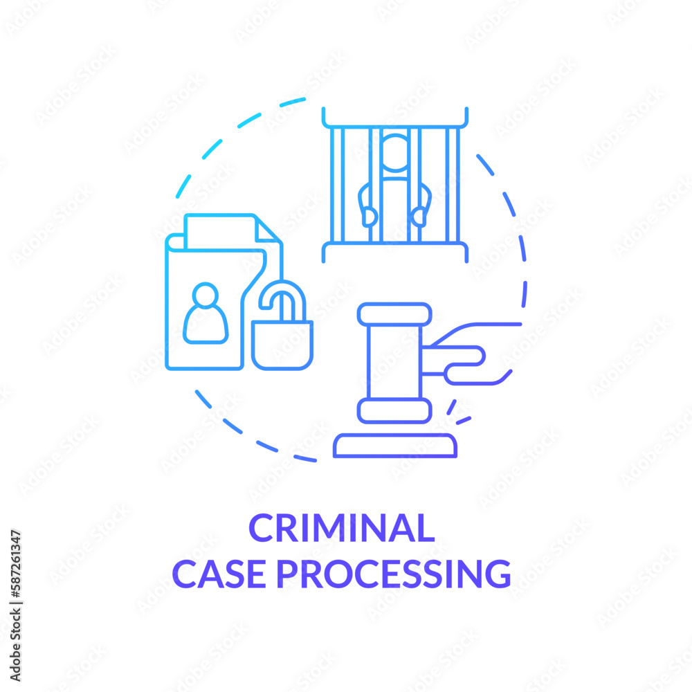 Criminal case processing blue gradient concept icon. Judgement. Accused of crime. Justice system ...