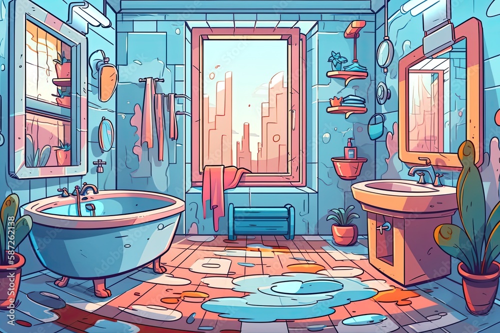 Cartoon drawing for kids featuring a vibrantly empty bathroom ...
