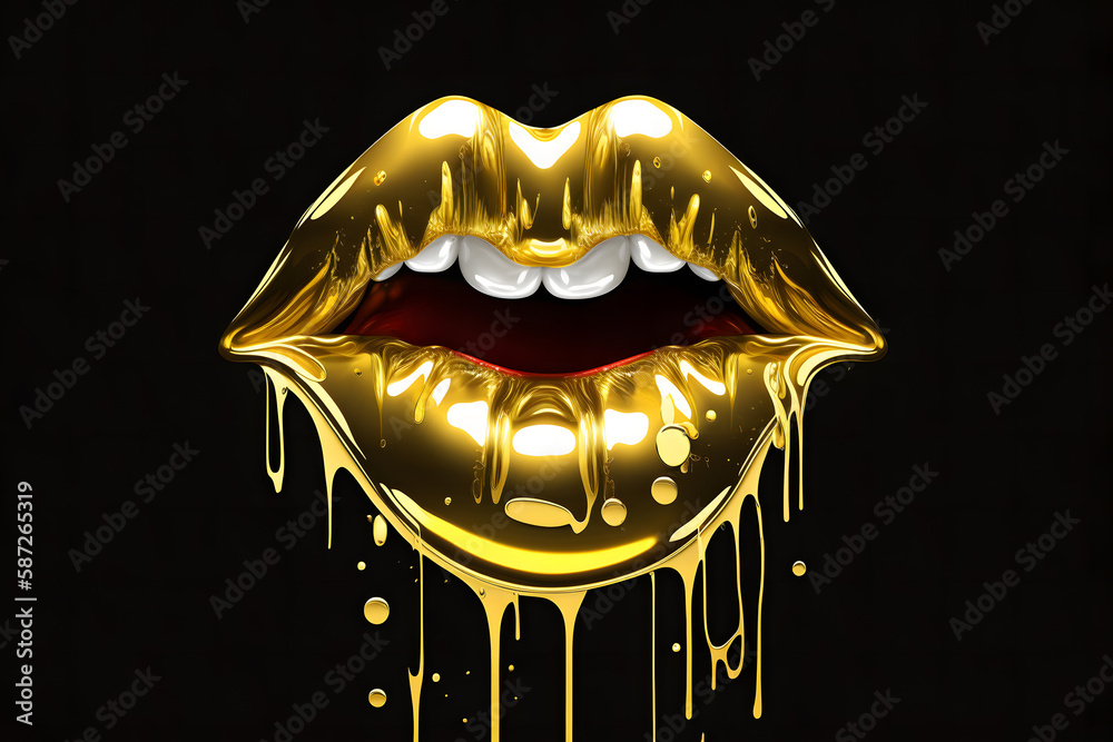 Gold Paint from the lips. Golden lips on beautiful model girls mouth. Make-up. Beauty makeup ...