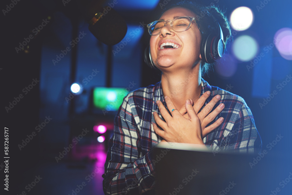 Live streaming, singing and voice of woman online performance or radio ...