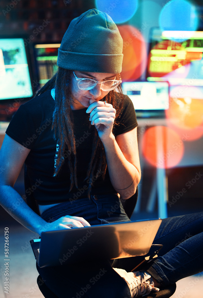 Woman, laptop and hacker thinking, typing or programming, software or cybersecurity. Neon ...