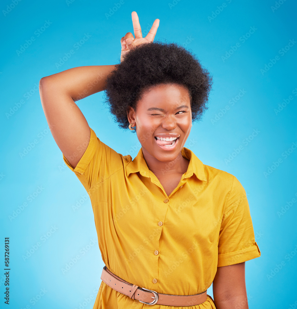 Silly, peace sign and woman in a studio feeling fun, playful and funny ...