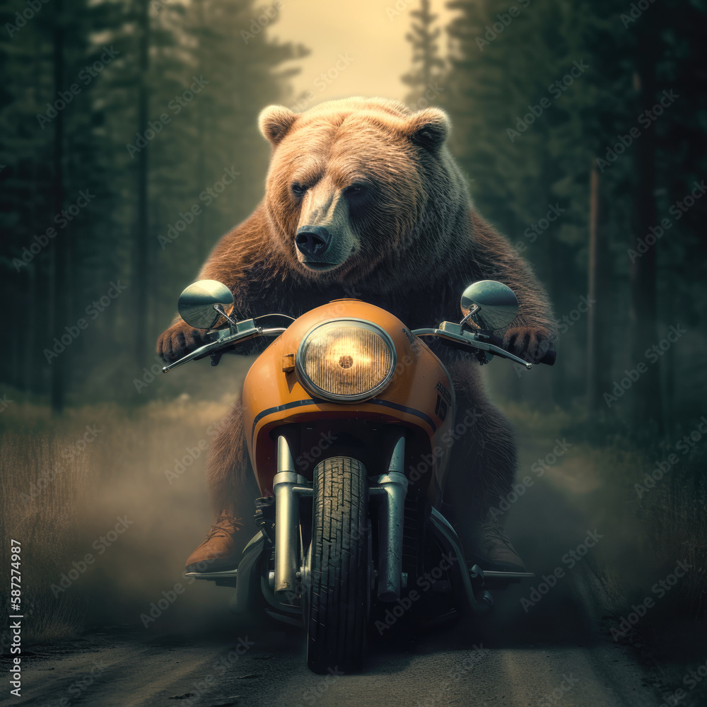 lustración de un oso pardo conduciendo una motocicleta por el bosque ...