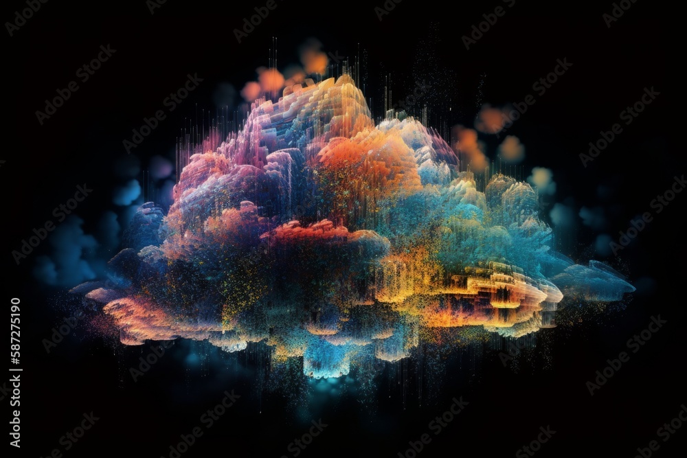Hyper Detailed 8k Cartoon High Tech Abstract Cloud Of Data Visualizations Depicts Power Of