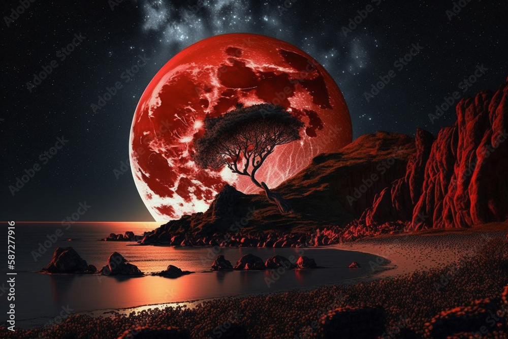 Artwork Fantasy | fantasy red romantic full moon on a mountain with a ...