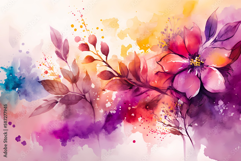 Watercolor floral background. Purple and pink flowers drawing ...