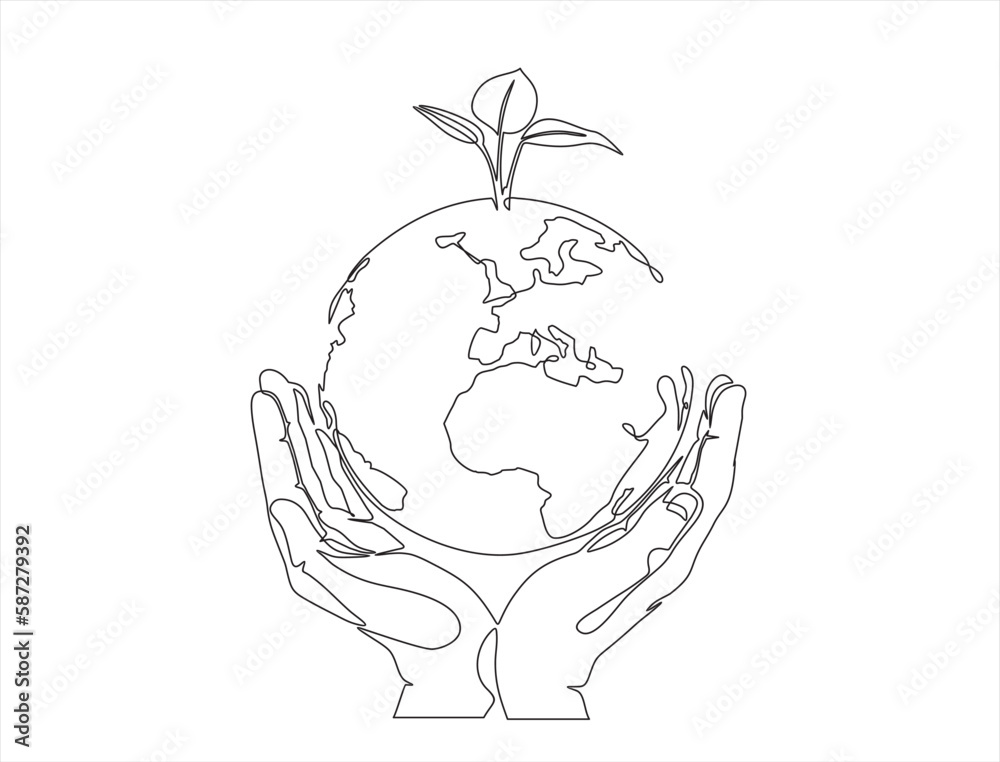 Single continuous line of hands holding planet earth and tree leaf ...