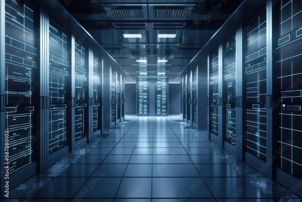 An illustration of a modern, high tech data center with rows of racks ...