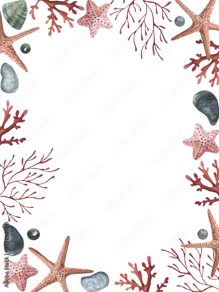 Sea frame with hand drawn starfish, mussel, seashell, sea pebbles ...
