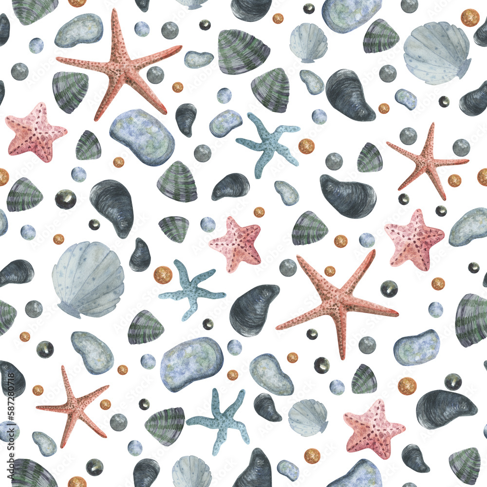 Seamless watercolor sea pattern. Hand drawn starfish, mussel, seashell ...
