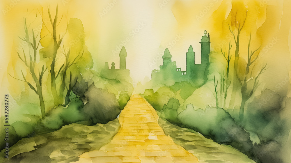 Watercolor drawing of yellow brick road leading to city by AI Stock ...