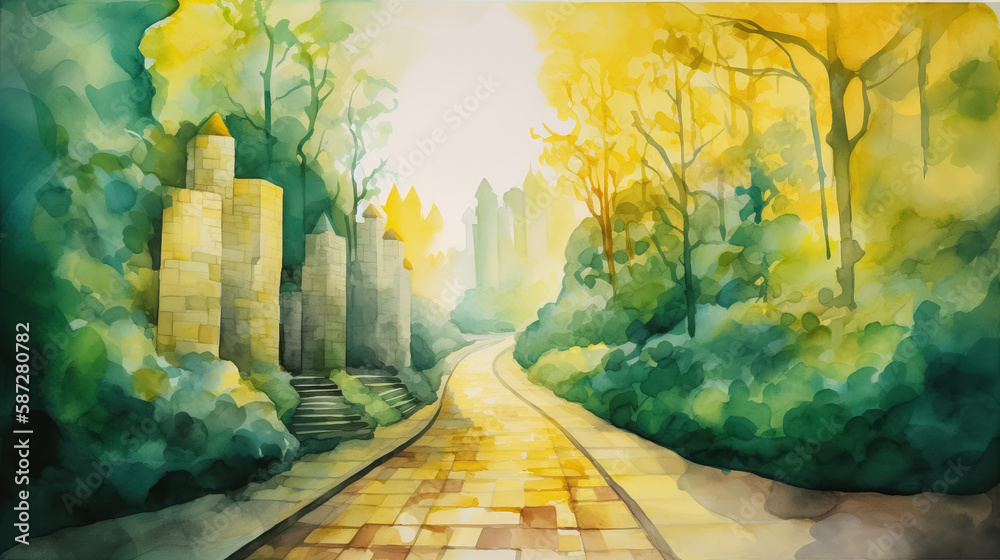 Watercolor drawing of yellow brick road leading to city by AI Stock ...