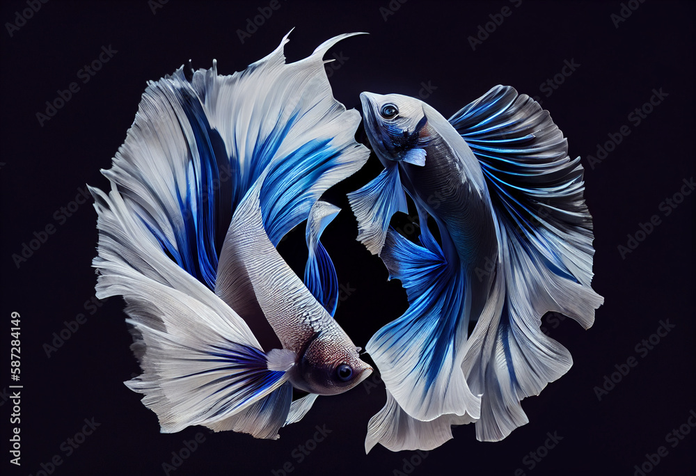 Two beautiful fish with magnificent long tails swim in a circle on a ...